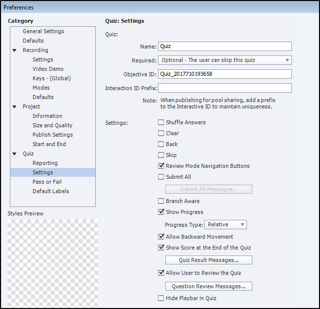 How to set quiz preferences for Adobe Captivate Classic